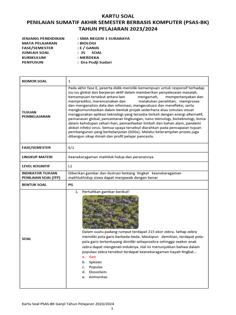 Kartu Soal Mapel Bio Psas Kelas X | PDF