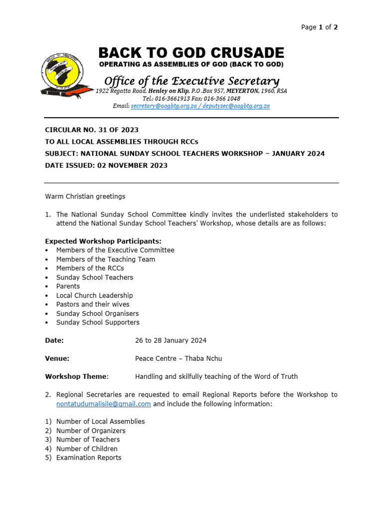 Circular 31 of 2023 - National Sunday School Workshop | PDF