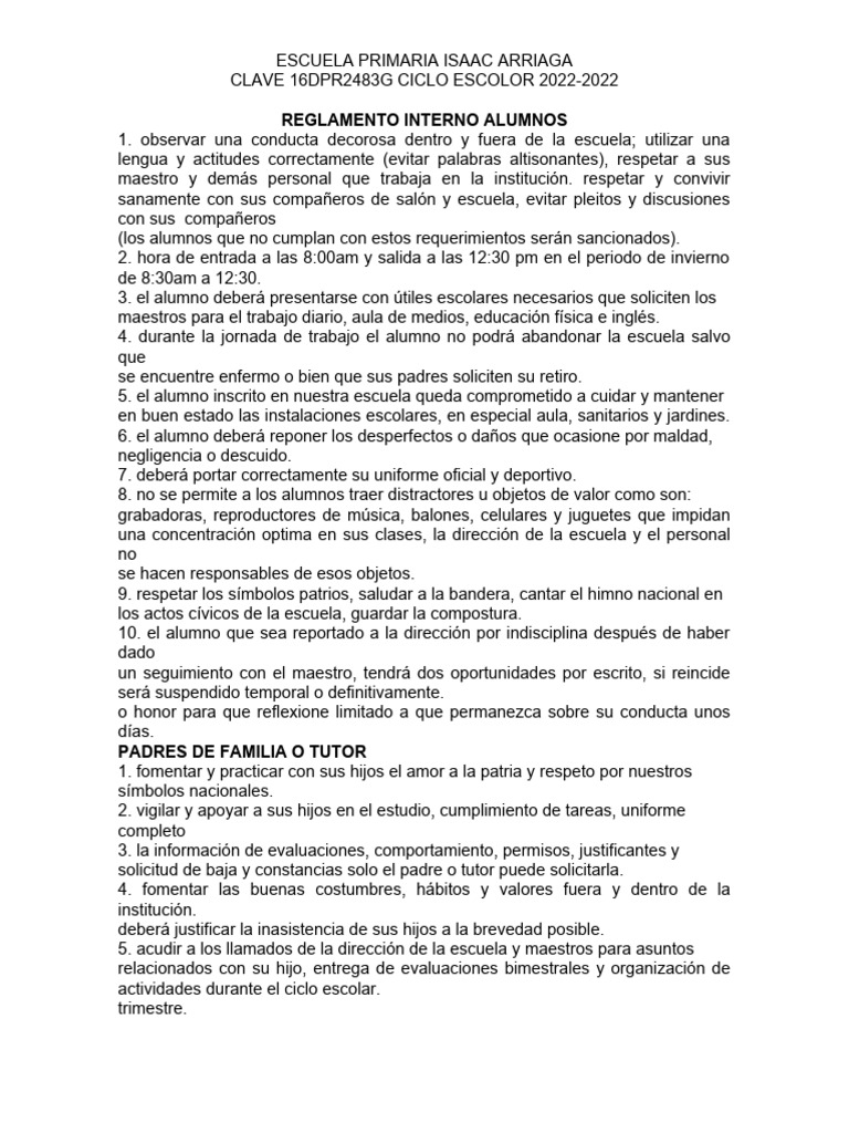 Escuela Primaria Isaac Arriaga Reglamento Escuela2 | PDF | Salud y bienestar