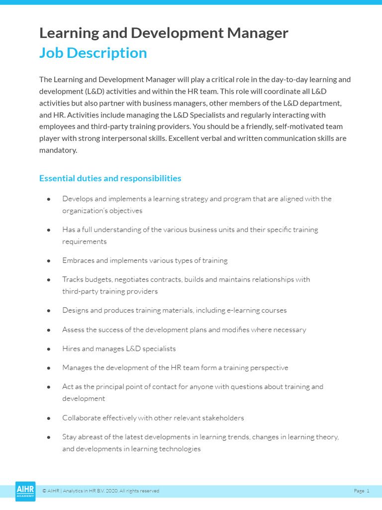 Learning and Development Manager Role | PDF | Educational Technology ...