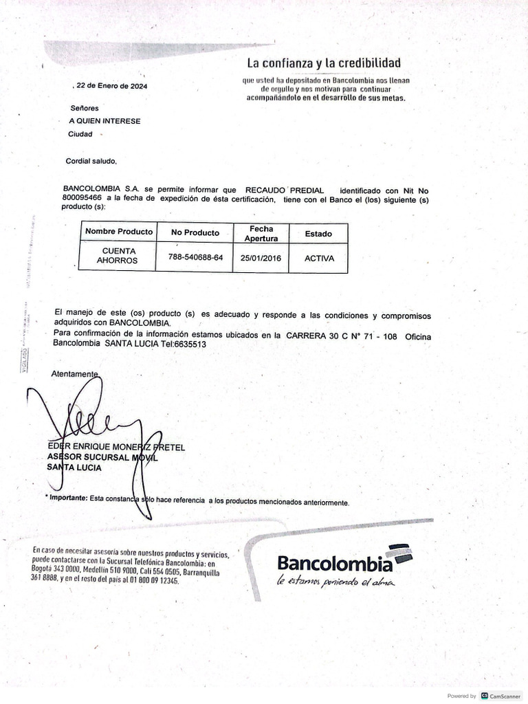 CERT. Recaudo CTA BANCOLOMBIA | PDF