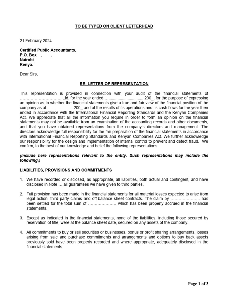 02.03 Letter of Represenation | PDF | Financial Statement | Balance Sheet