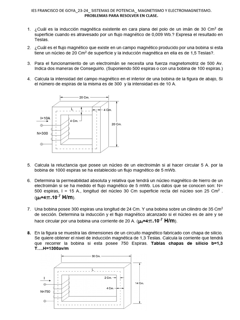 Ejercicios Clase 2 ºeva - Magnetismo y Electromagnetismo - Resolver en Clase - 23-24 | PDF ...