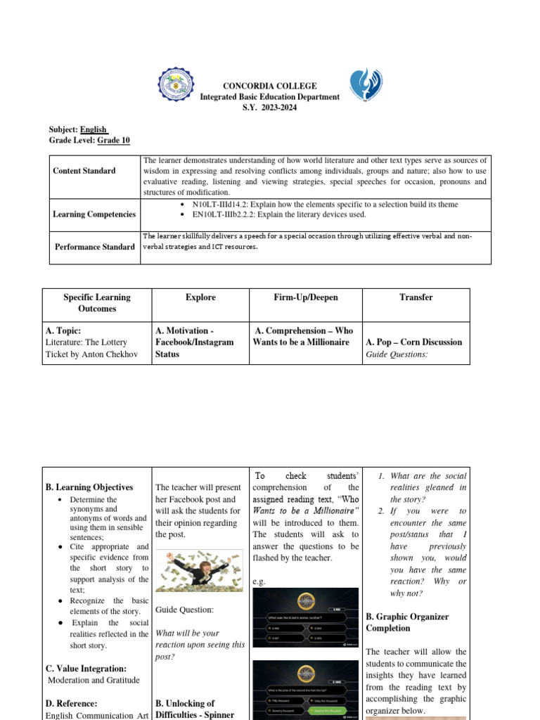 Lesson-Plan-in-English-10-The-Lottery-Ticket G10 | PDF | Reading ...