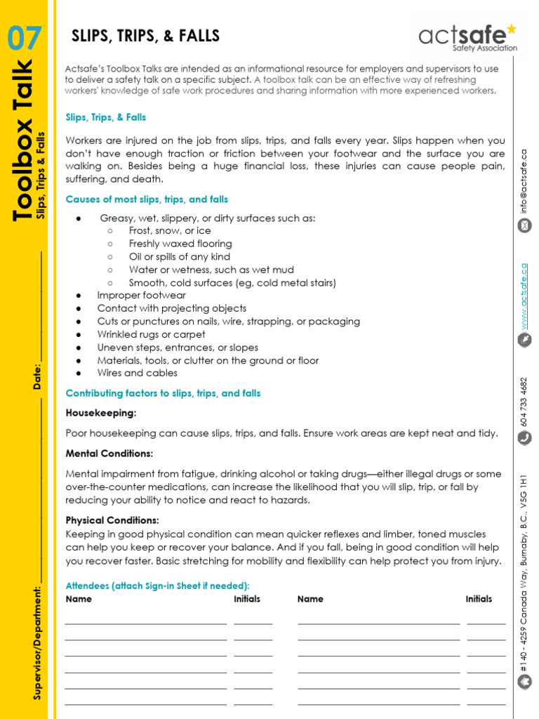 Toolbox Talk 07 Slips Trips Falls | PDF | Occupational Safety And Health | Safety