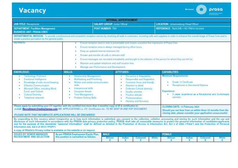 Advert Receptionist | PDF | Communication | Business