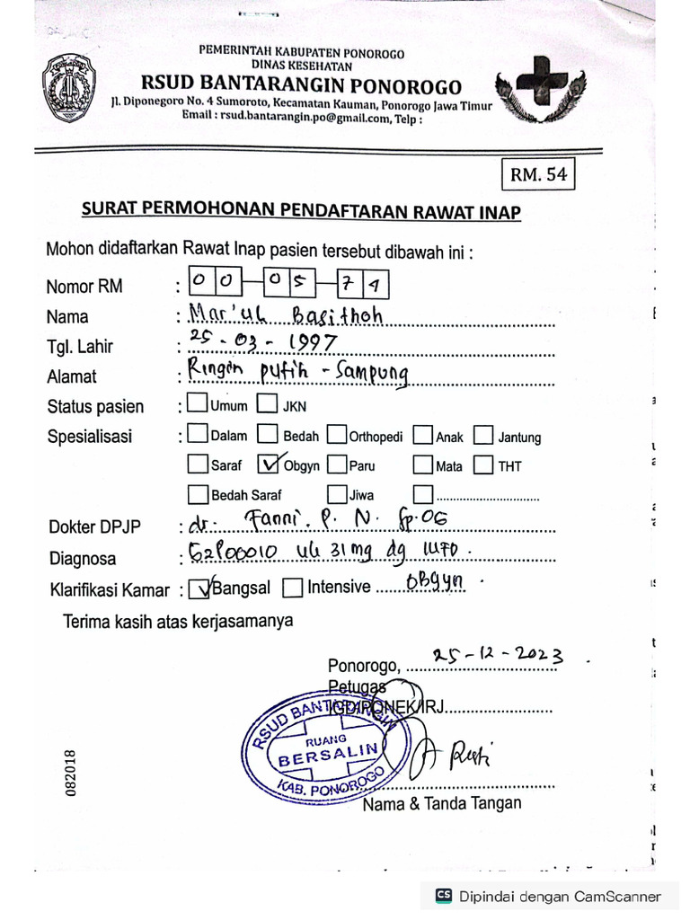 Pendaftaran Rawat Inap RM 54 | PDF