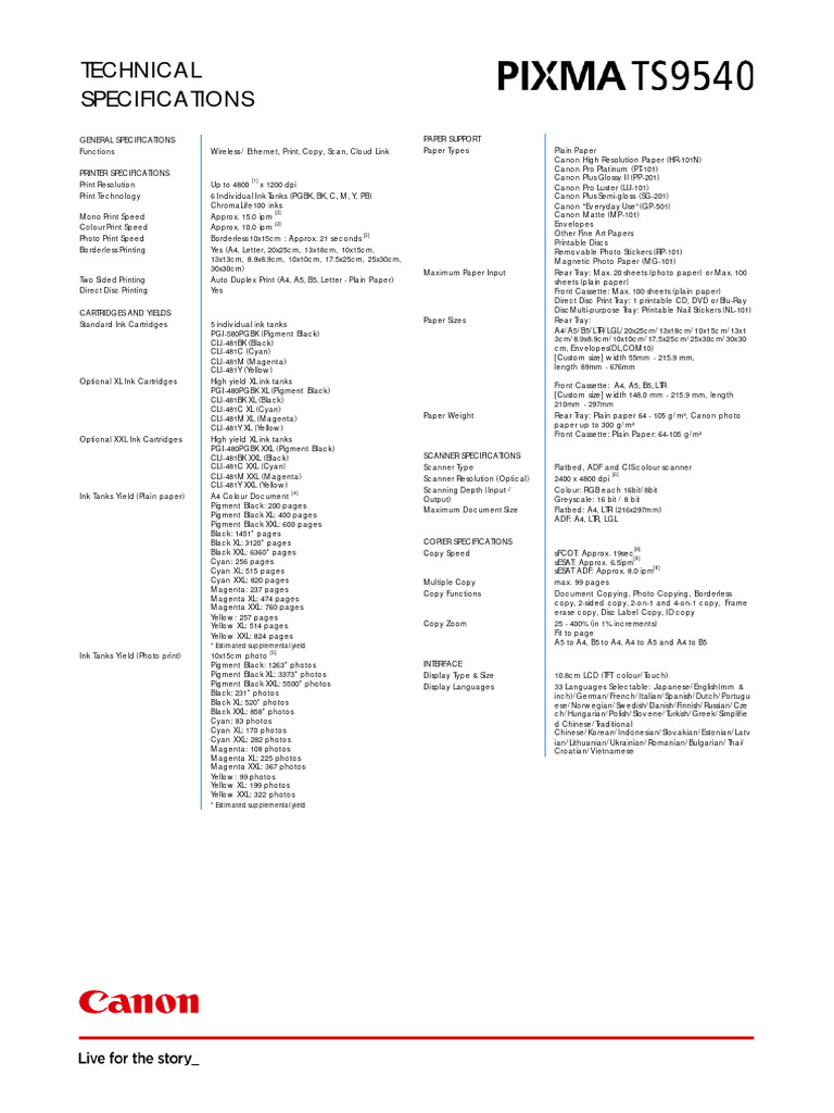 PIXMA TS9540 - PR - Spec Sheet - EM - Final - tcm203-1707674 | PDF ...