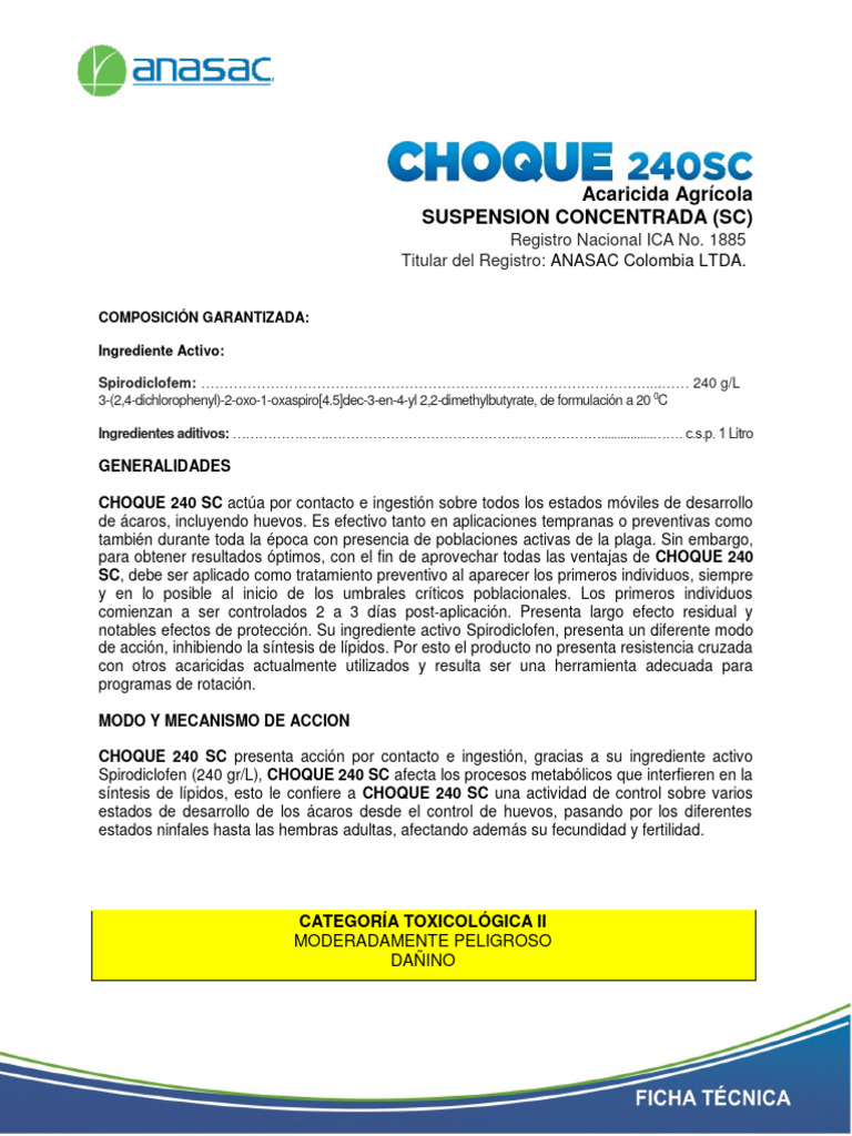Ficha Técnica Choque 240 SC | PDF | Agua | Alimentos