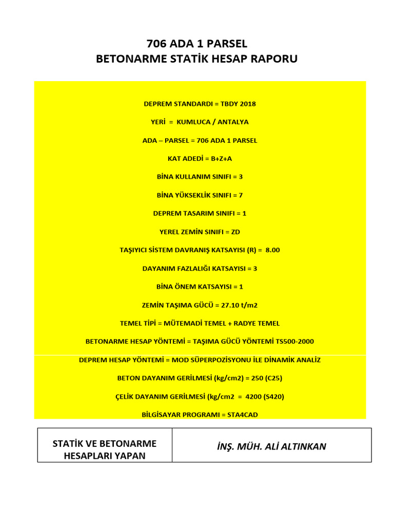 706 Ada1 Parsel Statik Kapak | PDF