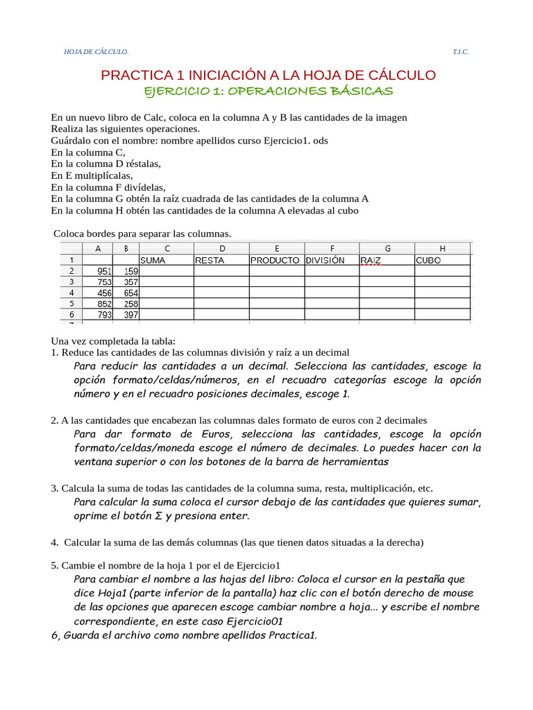 Practica1 OPERACIONES BÁSICAS | PDF | Hoja de cálculo | Software