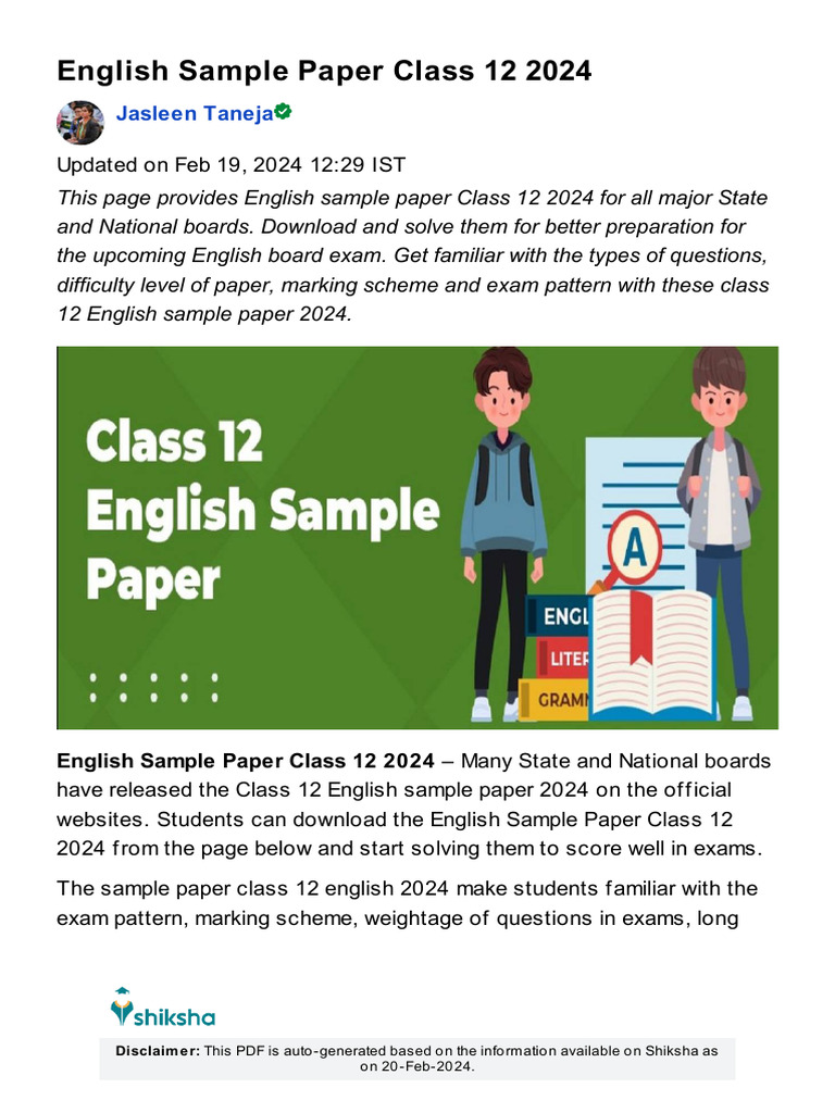 English Sample Paper Class 12 2024: Jasleen Taneja | PDF | Computing