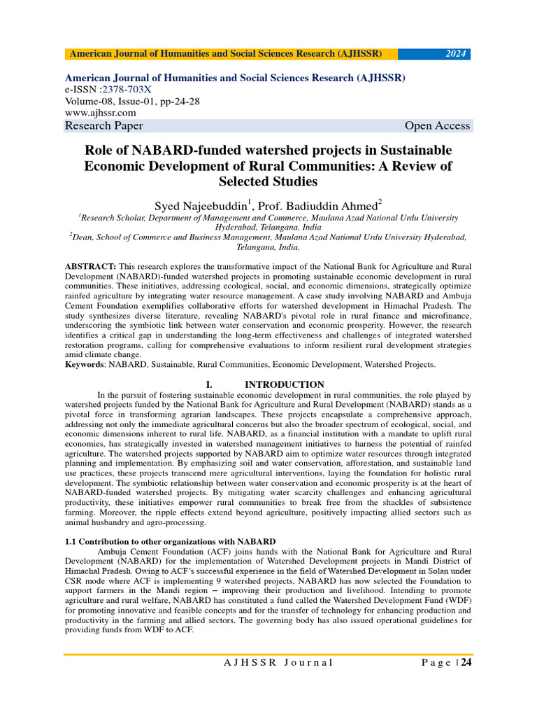 Role of NABARD-funded Watershed Projects in Sustainable Economic Development of Rural ...