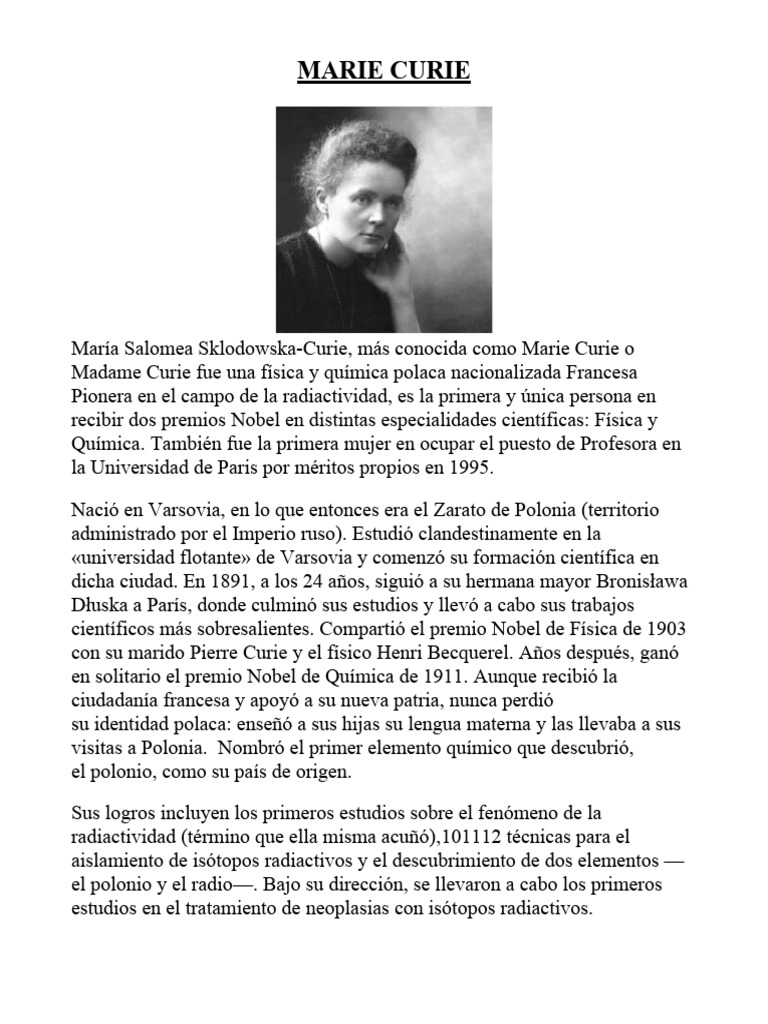 Biografia Maria Curie | PDF | Marie Curie | Ciencias fisicas