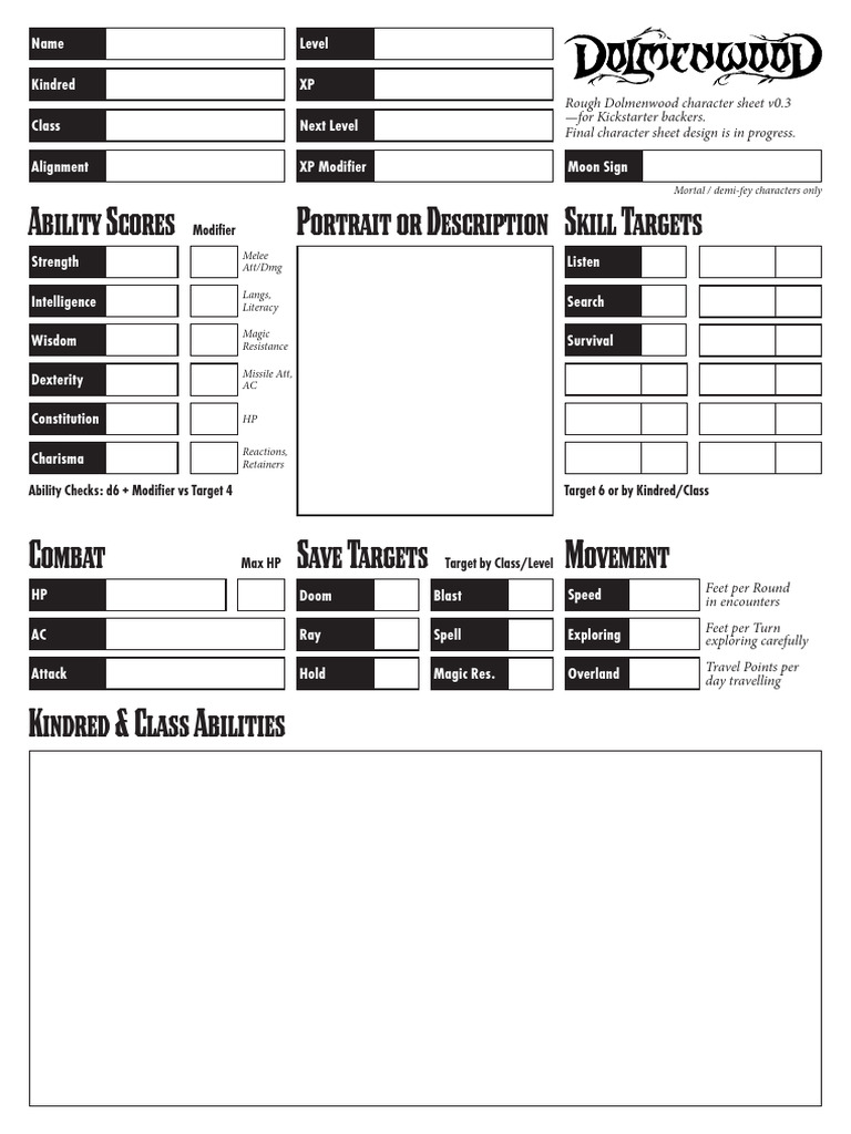 Dolmenwood Character Sheet - Rough v0-3 | PDF | Role Playing Games