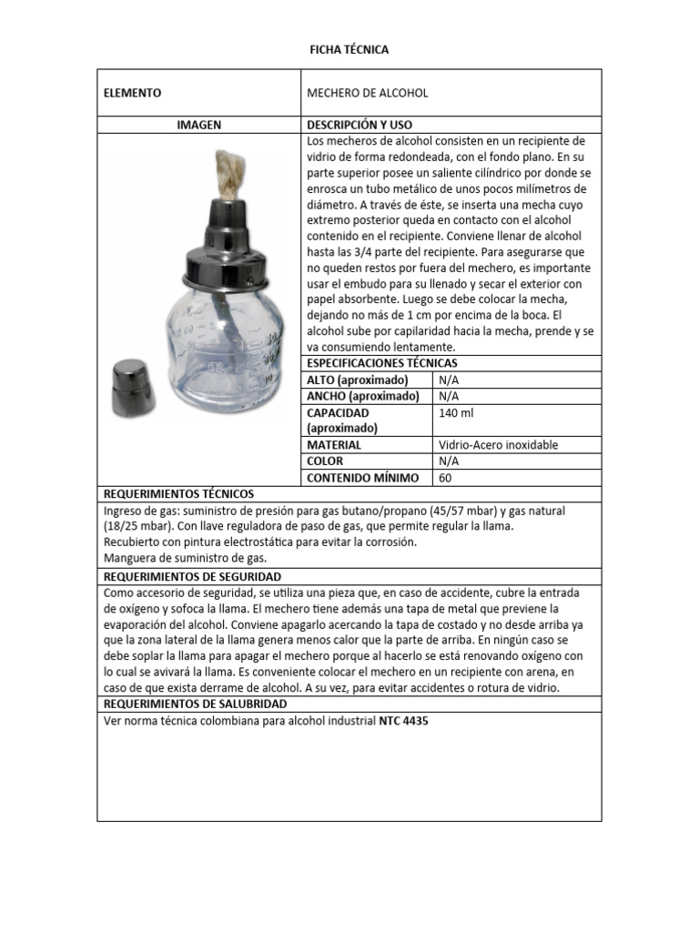 Mechero de Alcohol: Especificaciones y Uso | PDF | Gases | Química