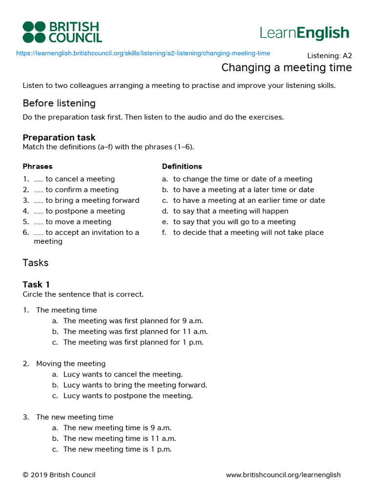 LearnEnglish Listening A2 Changing Meeting Time | PDF