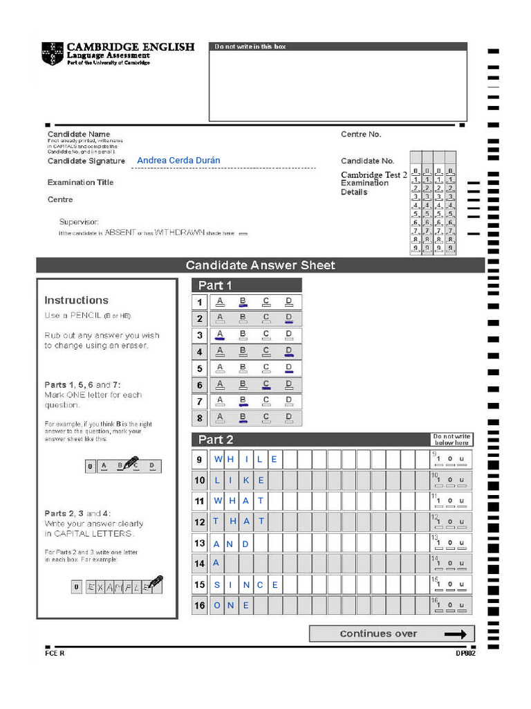 Cambridge English Test 4 Answer Sheet | PDF