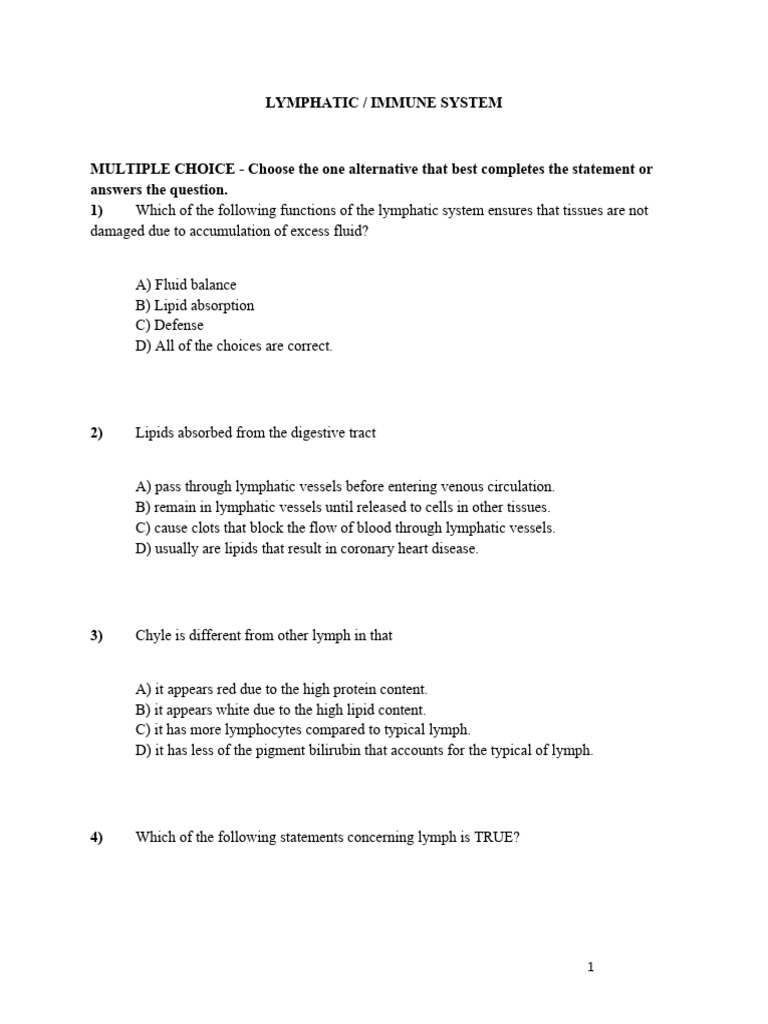 Lymphatic System Quiz | PDF | Lymph | Immune System