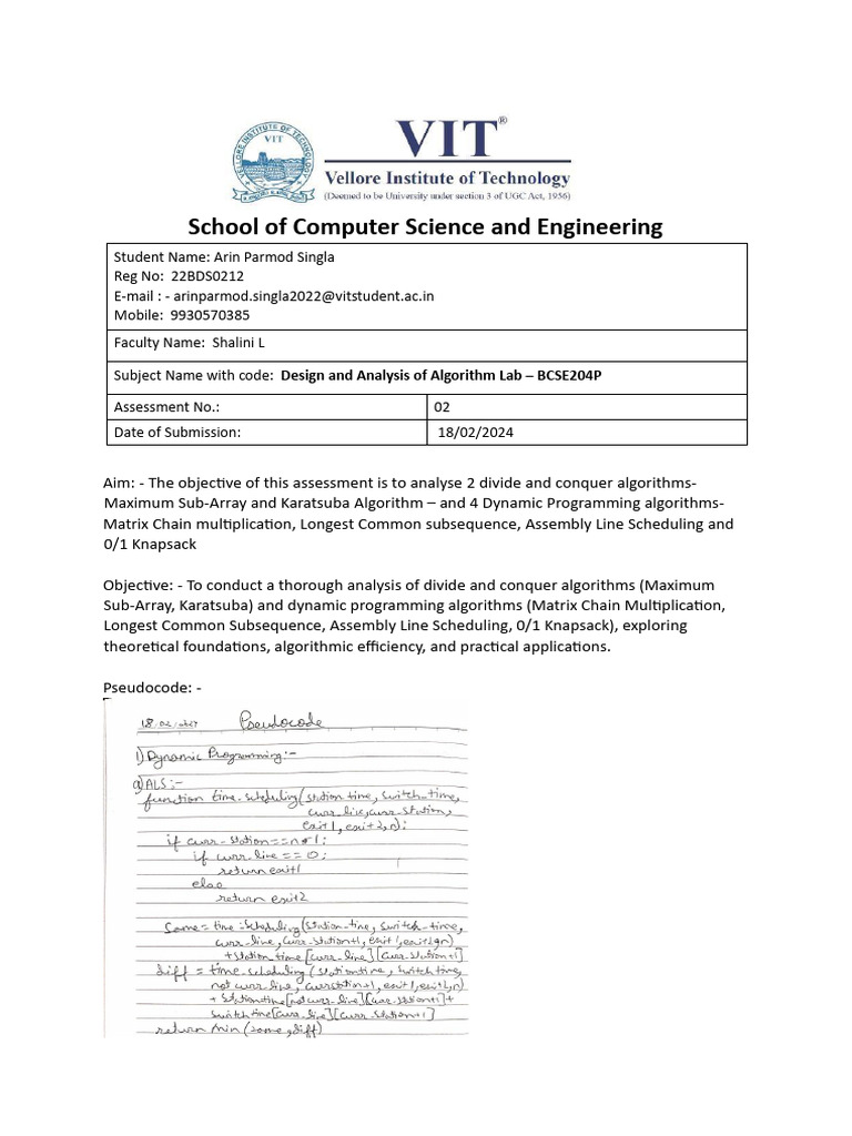22BDS0212 DAA Assignment 2 | PDF | Dynamic Programming | Computer Programming