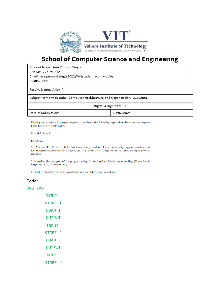 22BDS0212 CAO Digital Assignment | PDF | Control Flow | Input/Output