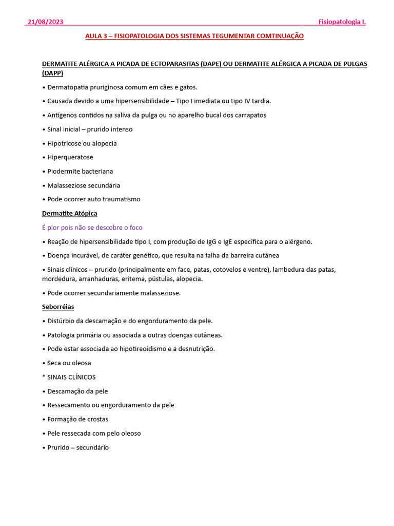 RM - AULA 3 - Fisiopatologia Do Sistema Tegumentar - 21.08 | PDF | Alergia | Patógeno