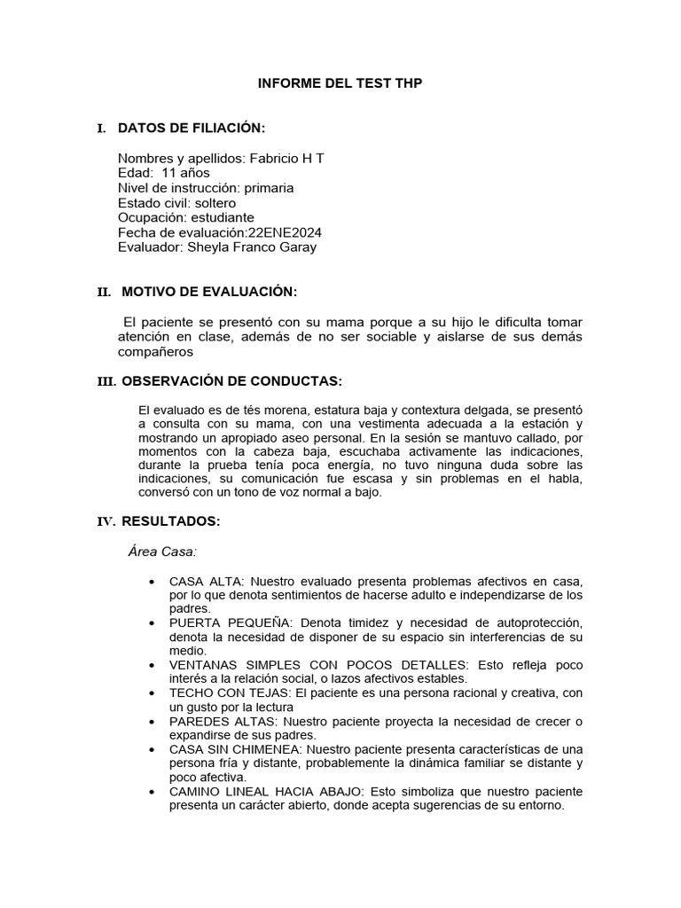 Informe del Test THP: Evaluación Infantil | PDF | Sicología
