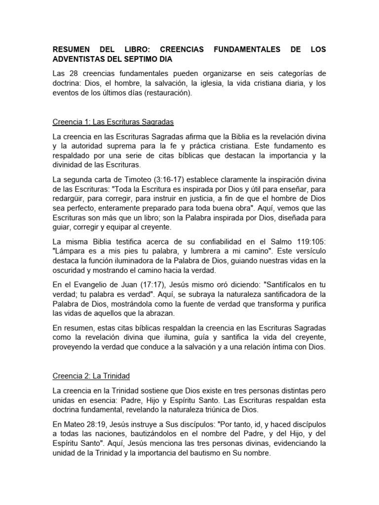 Resumen Del Libro Creencias Fundamentales de Los Adventistas Del Septimo Dia | PDF | La ...
