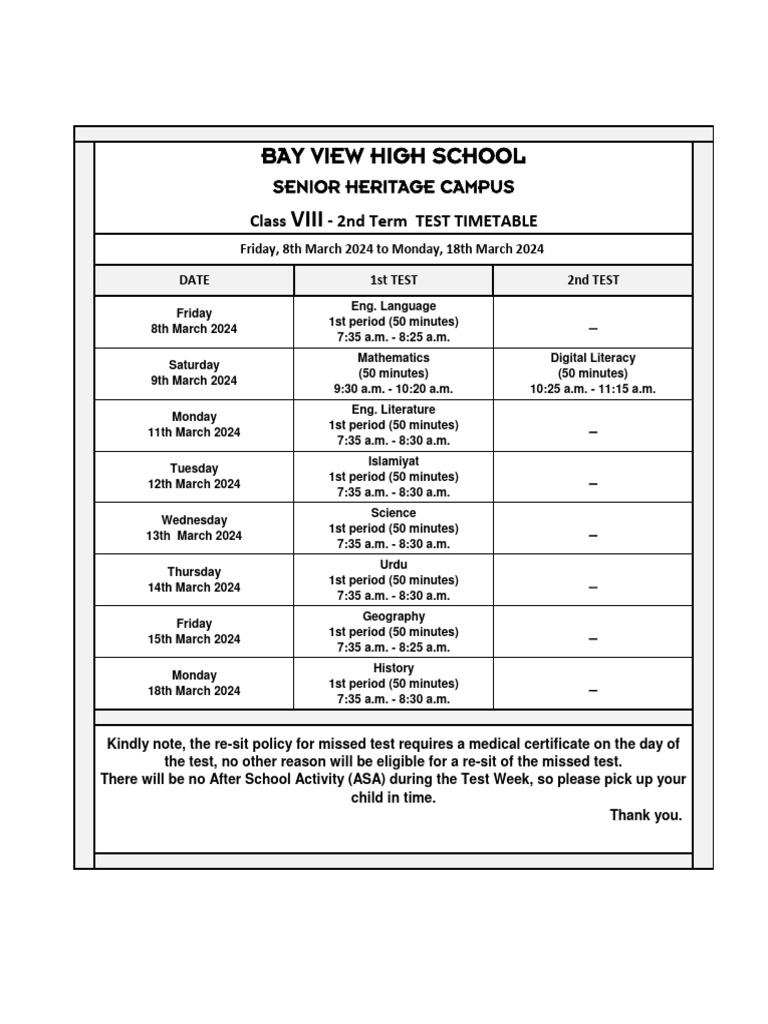 Grade VIII - 2nd Term Test Timetable | PDF