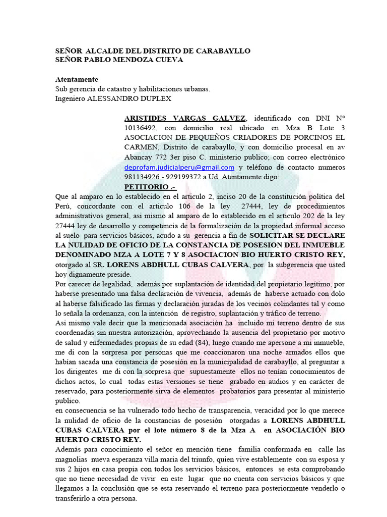 SOLICITO NULIDAD DE LA CONSTANCIA DE POSESION DE LOTE 7 Y 8 BIO HUERTO Solo Constancia | PDF