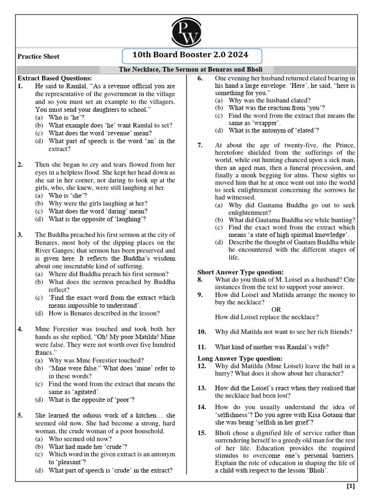 Literature 13 - Practice Sheet - 10th Board Booster 2.0 2024 | PDF ...