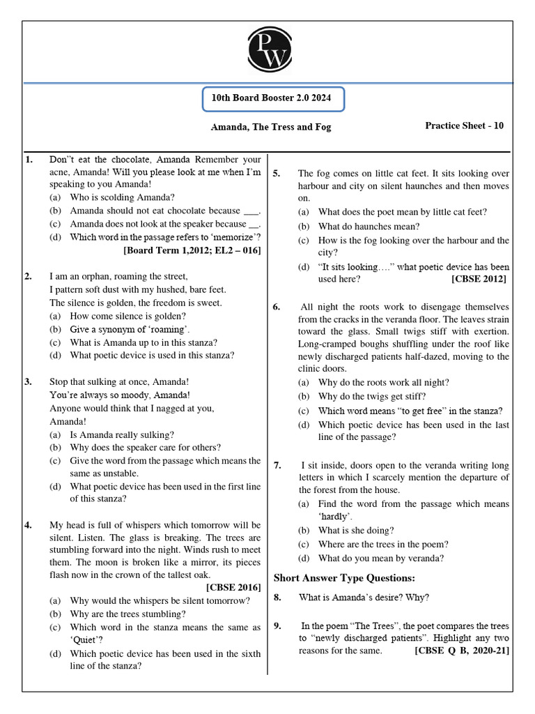 Amanda Poetry Practice Questions | PDF | Poetry