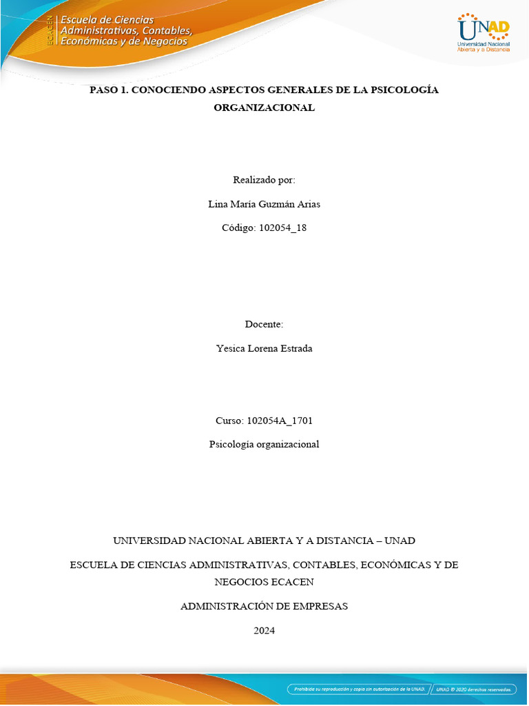 Psicología Organizacional - Paso 1 - Lina Maria Guzmán Arias | PDF ...