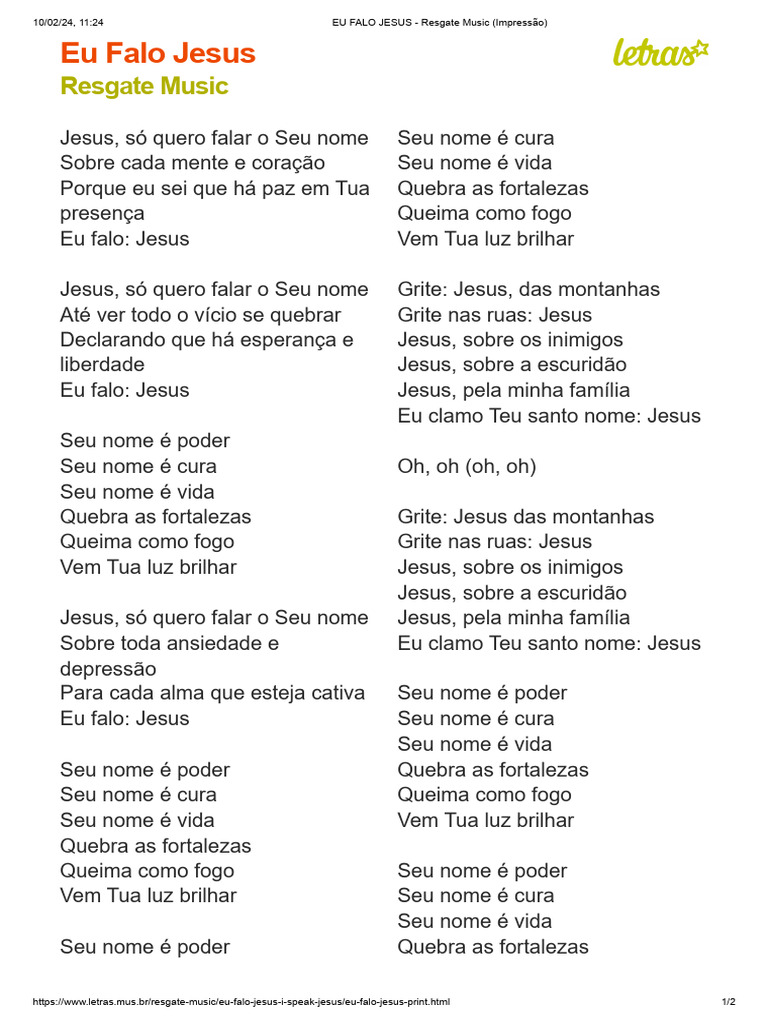 EU FALO JESUS - Resgate Music (Impressão) | PDF