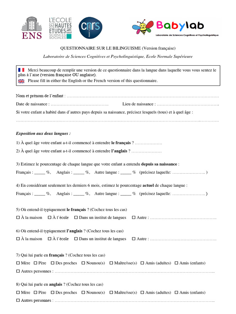 Questionnaire sur le Bilinguisme Enfant | PDF | Langue française ...
