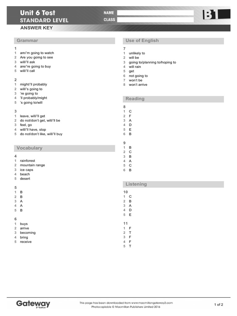 B1 UNIT 6 Test Answer Key Standard | Download Free PDF | Languages ...