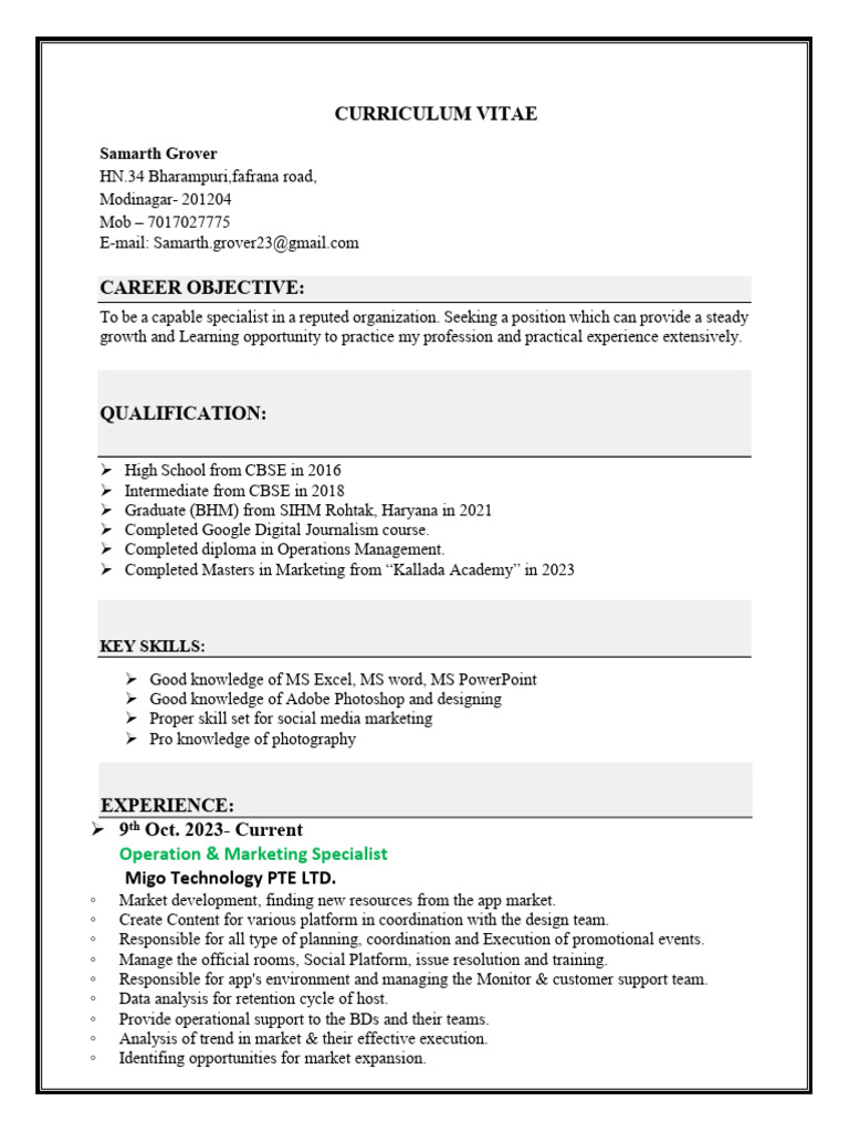 Samarth Grover Resume | PDF | Social Media | Popular Culture & Media Studies