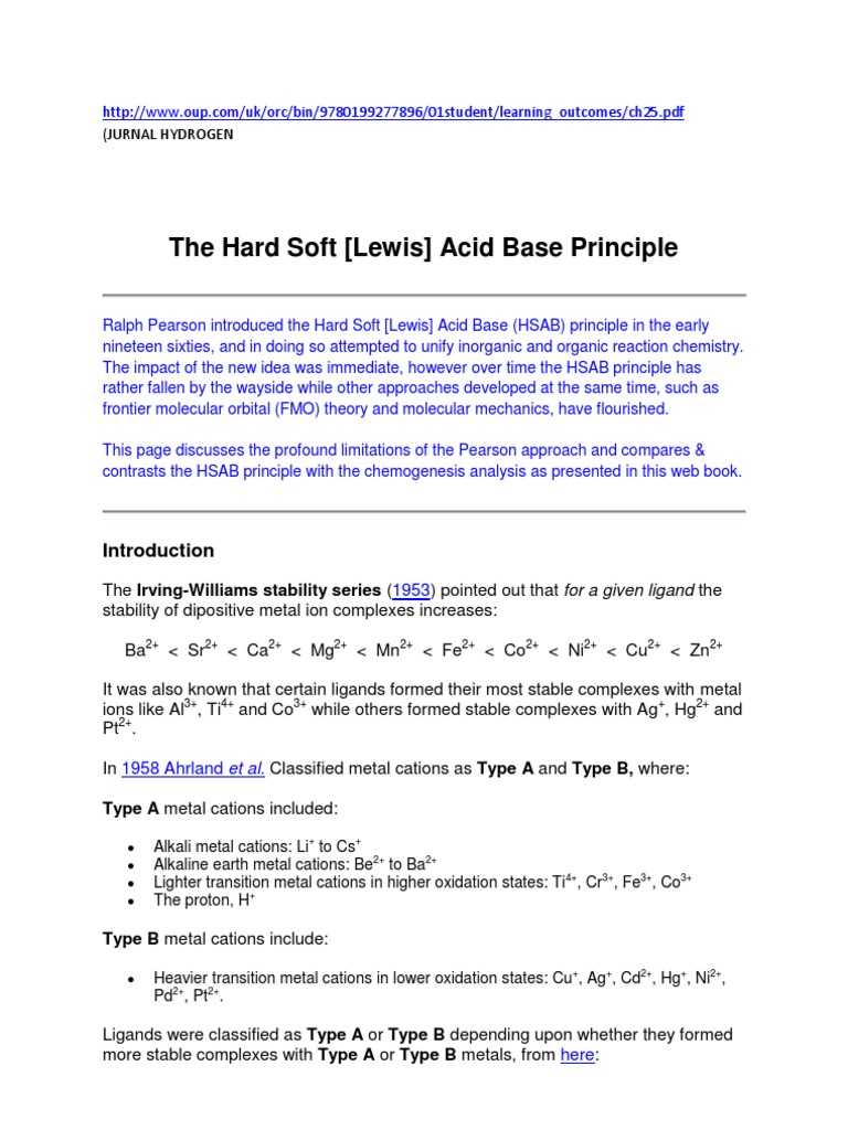 The Hard Soft (Lewis) Acid Base Principle: Type A Metal Cations ...