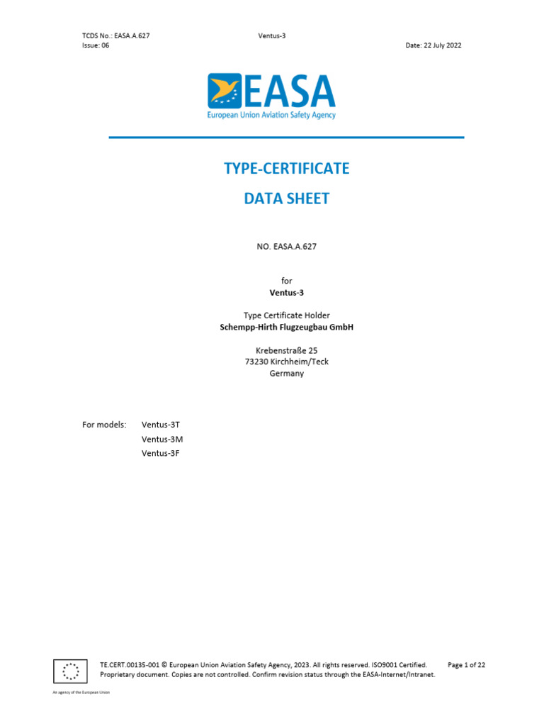 EASA Type Certificate for Ventus-3 Models | PDF | Gliding | Aviation