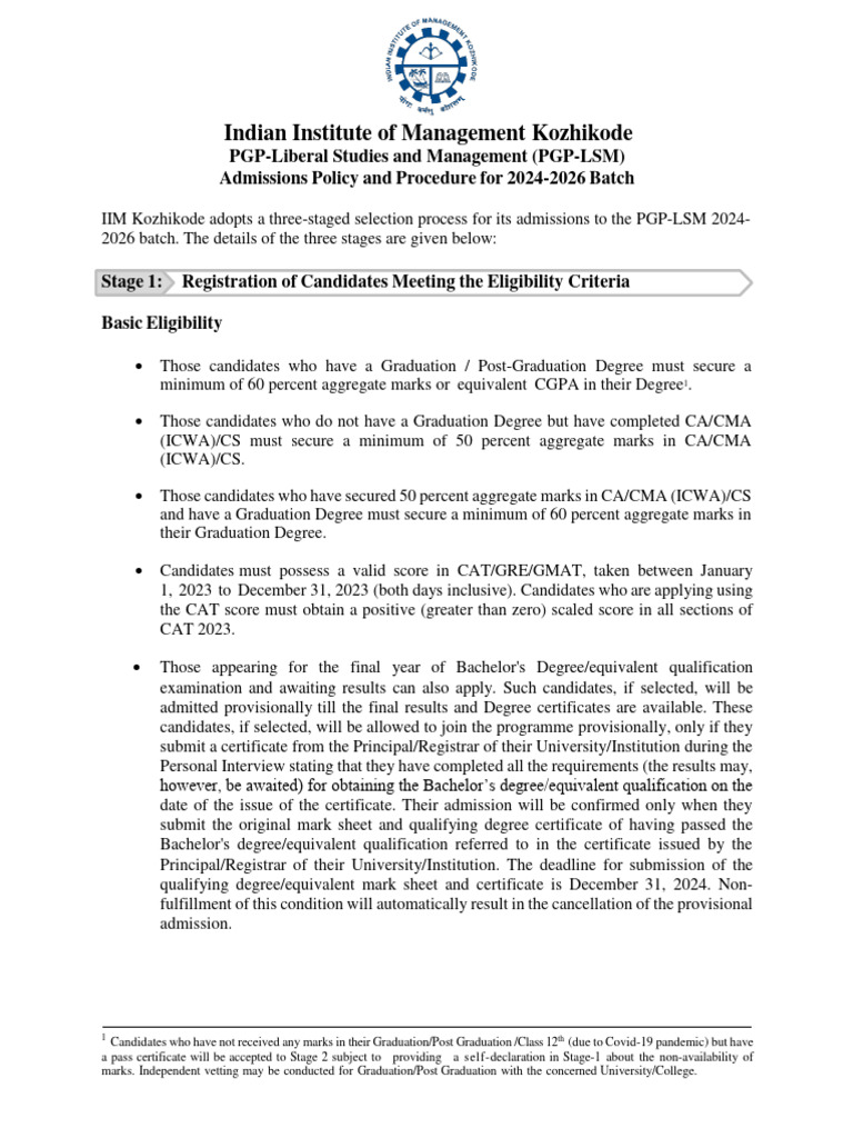 IIMK - PGP-LSM Admissions Policy and Procedure For 2024-2026 Batch - 20231103105402 | PDF ...