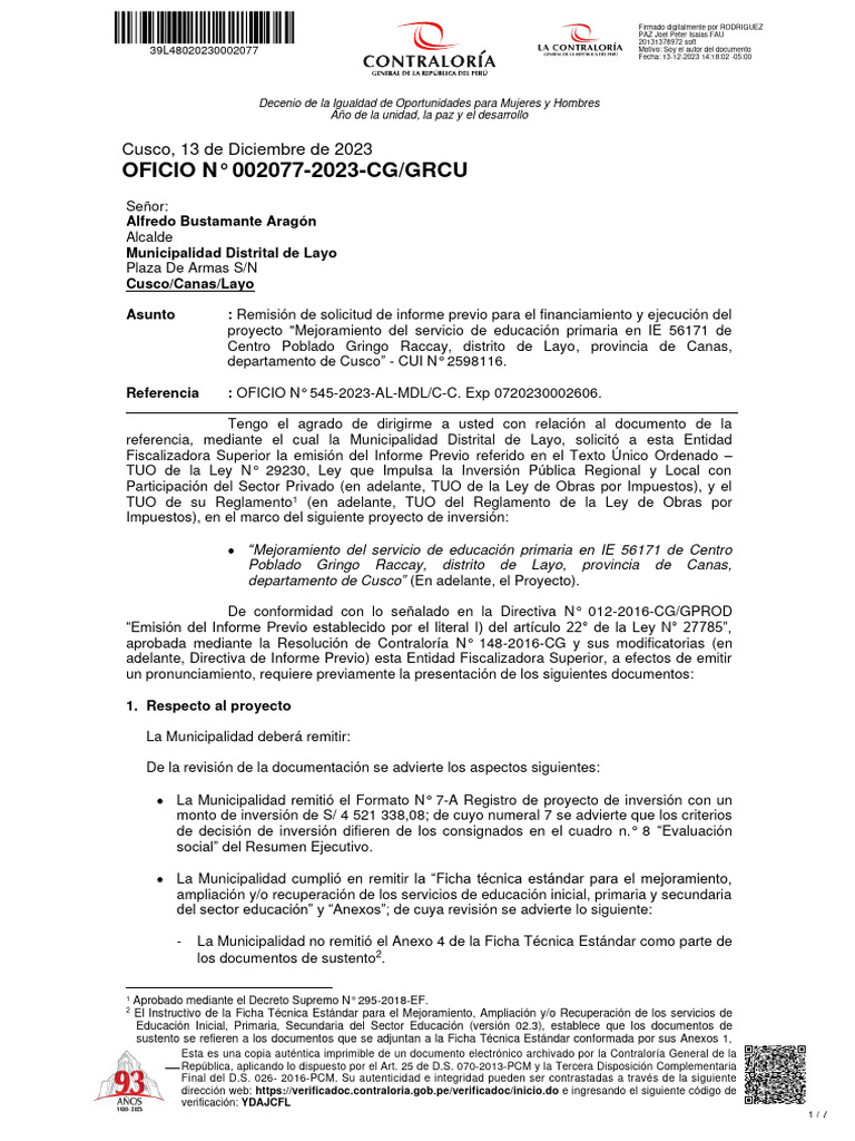 Oficio 002077 2023 Grcu | PDF | Estado financiero | Presupuesto
