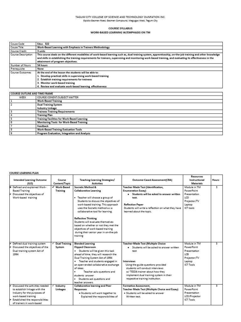 Work-Based Learning Course Syllabus | PDF | Educational Technology | Vocational Education