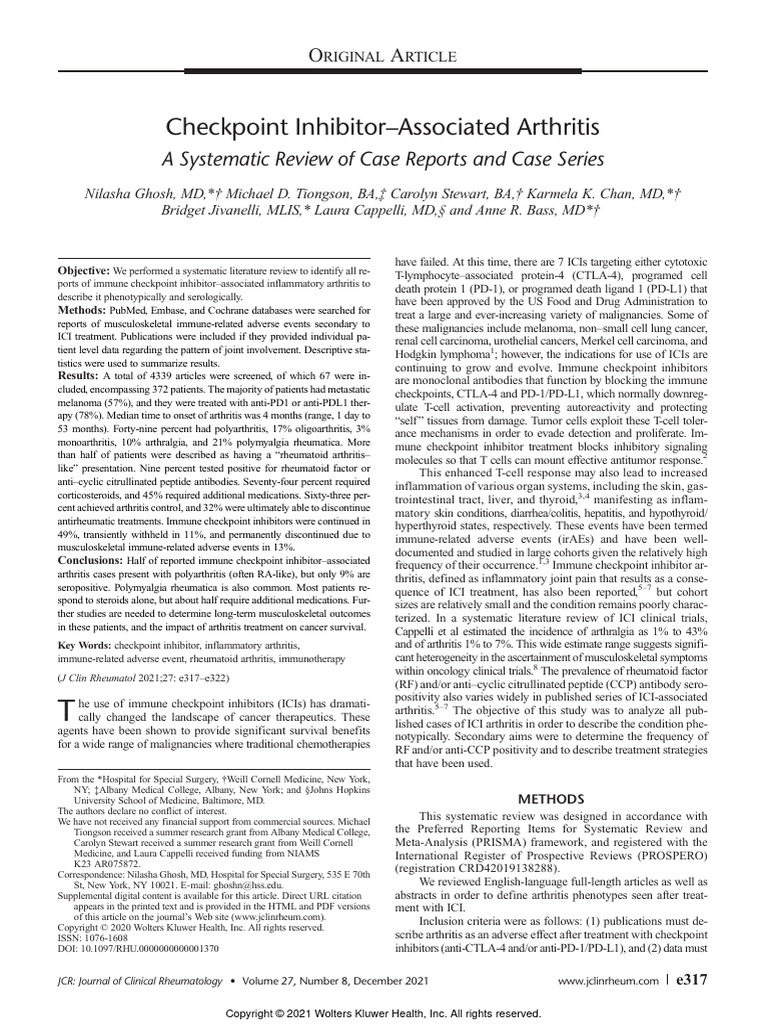 Checkpoint Inhibitor Associated Arthritis A Systematic Review Of Case