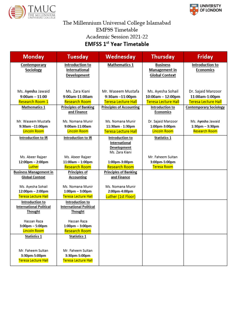1st Year Timetable 9th September 2021 | PDF | Science | Economies