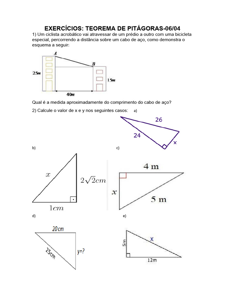 Exercícios - Teorema de Pitágoras 06-04 | PDF