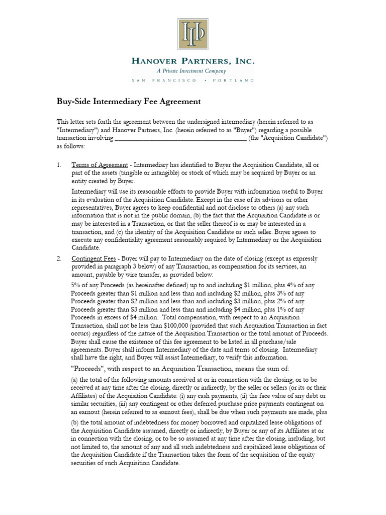 HP Buyside Intermediary Fee Agreement | PDF | Debt | Mergers And ...