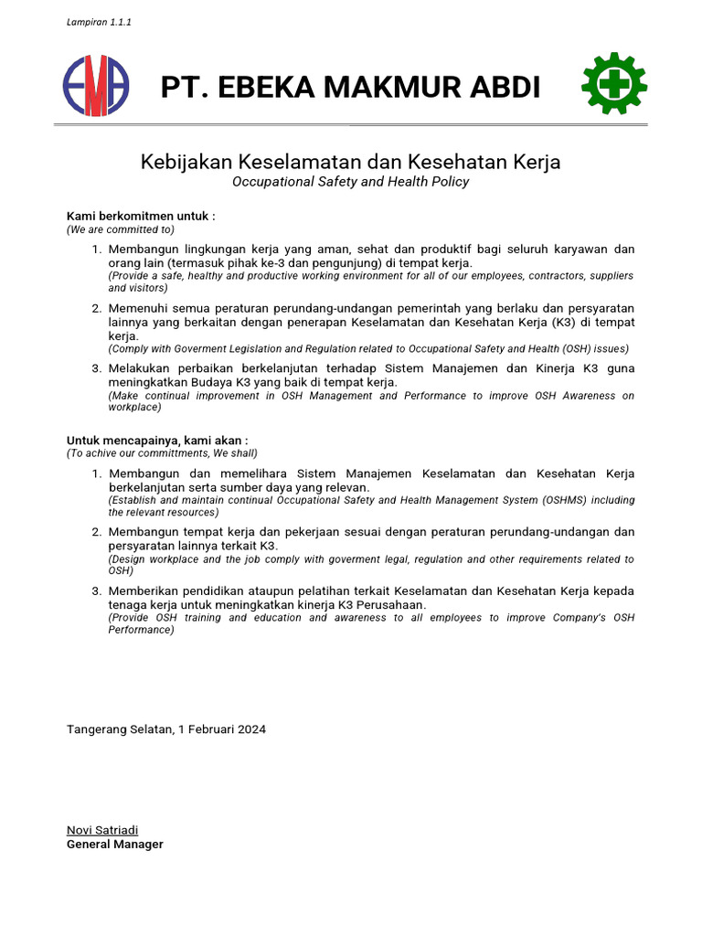 Lampiran 1.1.1 - Kebijakan Keselamatan Dan Kesehatan Kerja (K3) | PDF