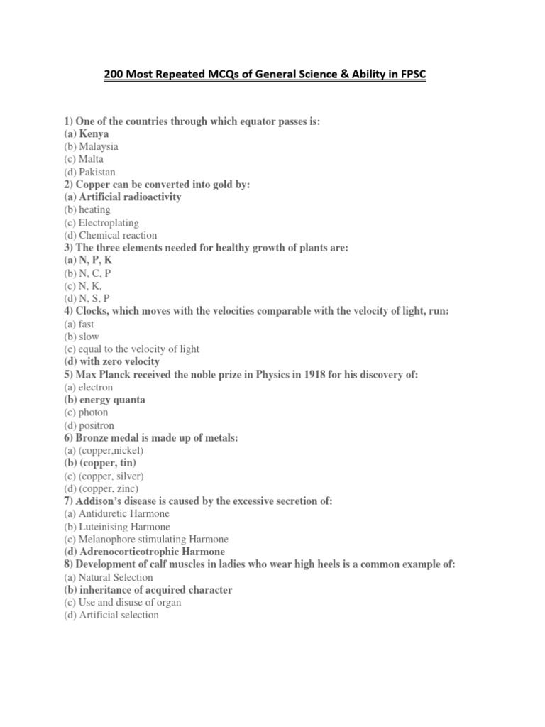 Top 200 General Science MCQs for FPSC | PDF | Nuclear Reaction | Apsis