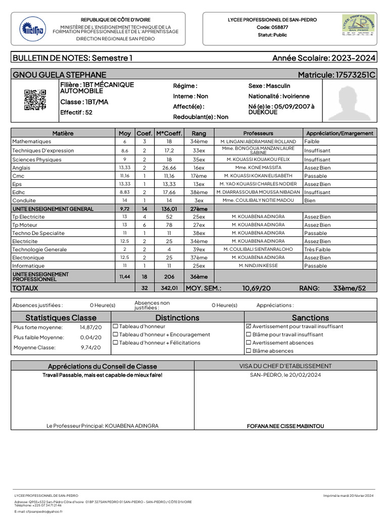 Bulletin de notes 2023-2024 San-Pédro | PDF | Organismes éducatifs ...