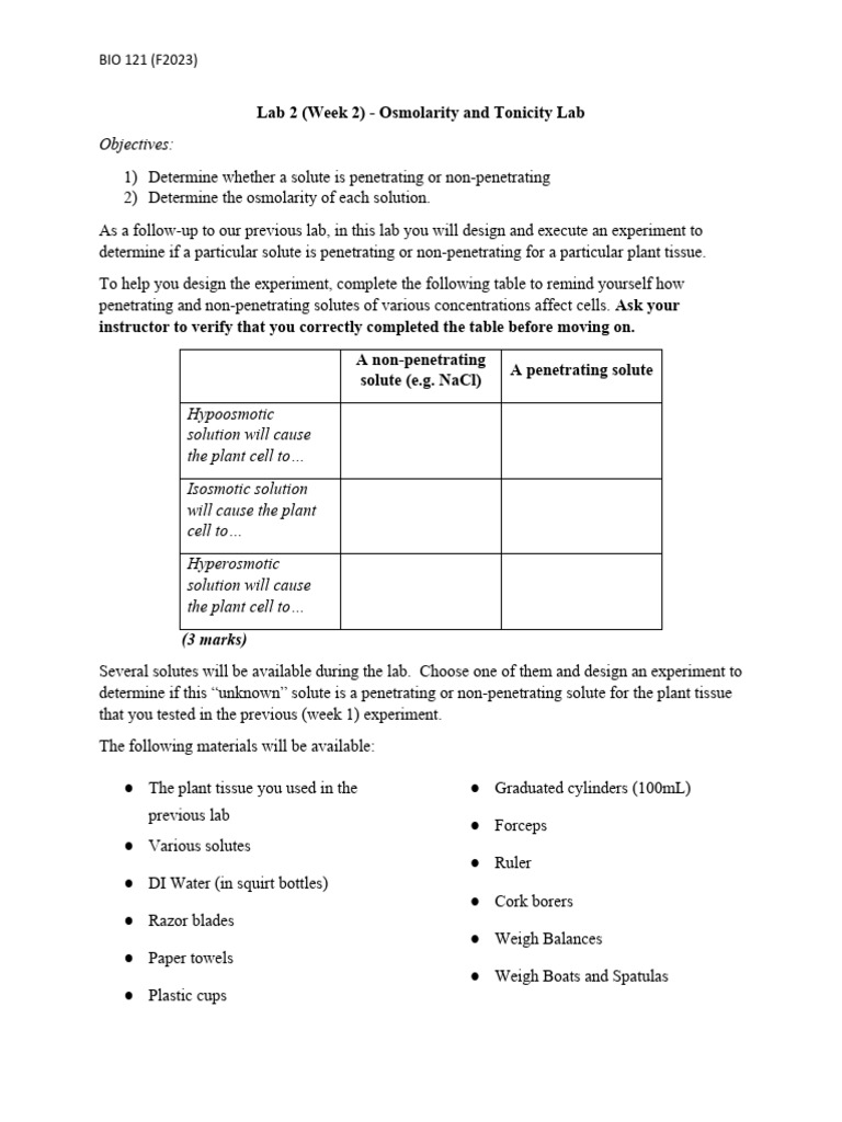 Lab 2 Osmolarity (Week 2) | PDF
